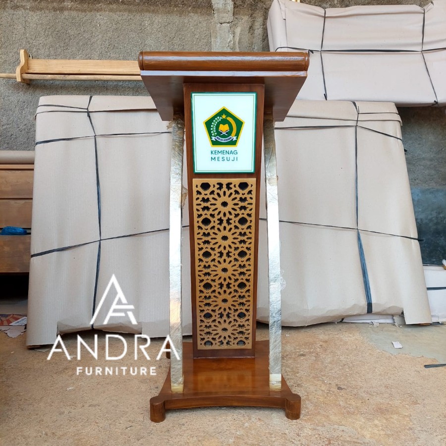 Podium Mimbar Tiang Stainless Minimalis Rangka Kayu Jati Grade Bagus
