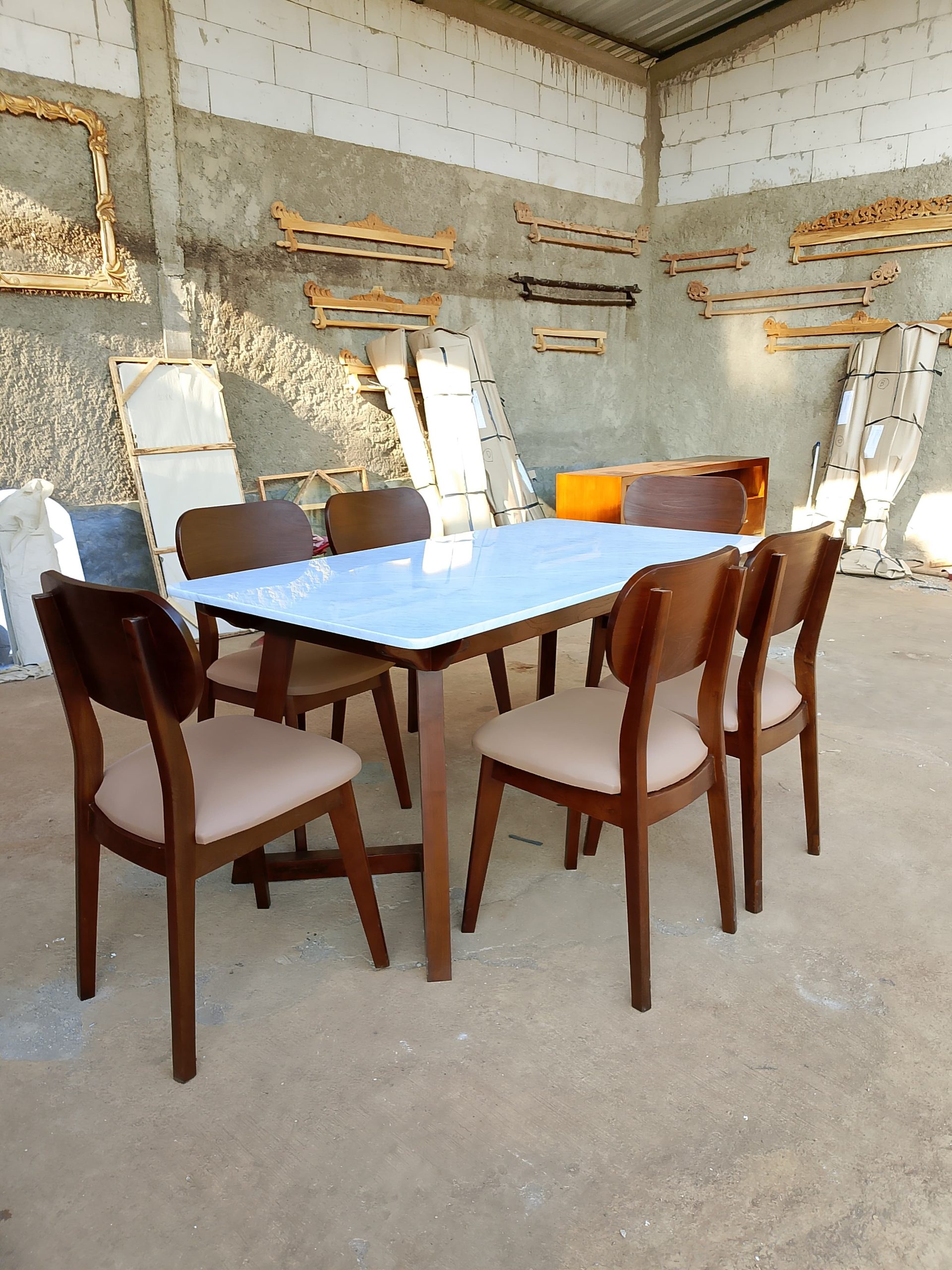 set kursi meja makan rangka jati top meja marmer furniture minimalis