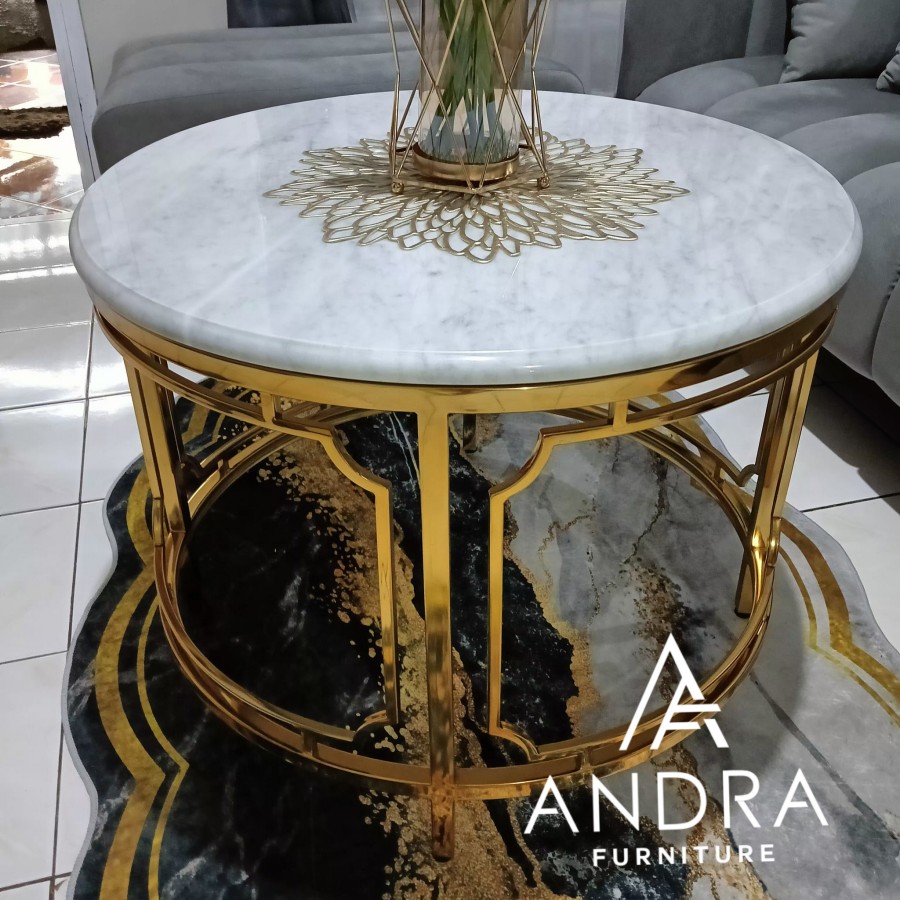 meja tamu stainless gold gloss bulat include marmer carara impor