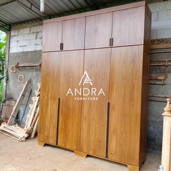 almari baju minimalis kayu jati 4 pintu tumpuk full laci mentok plavon